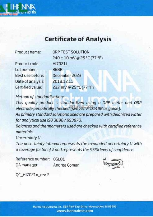 Dung Dịch Hiệu Chuẩn ORP 240 mV HANNA HI7021L (500 mL)